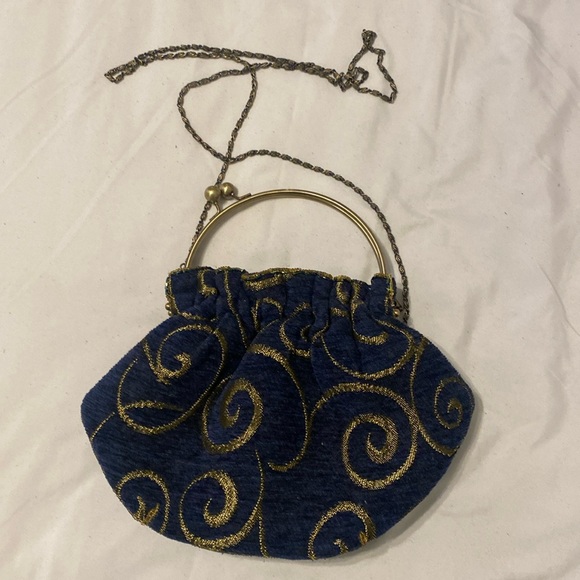 Vintage | Bags | Vintage 98s Blue And Gold Large Round Brass Handlekiss ...